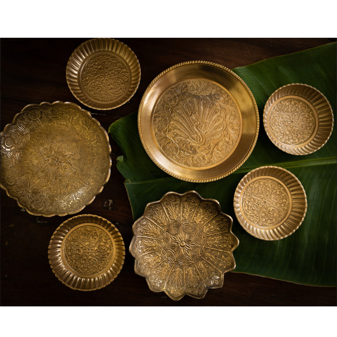 Saubhagya Embossed Brass Plates with Gold Finish Set of 7 – Amalfiee ...
